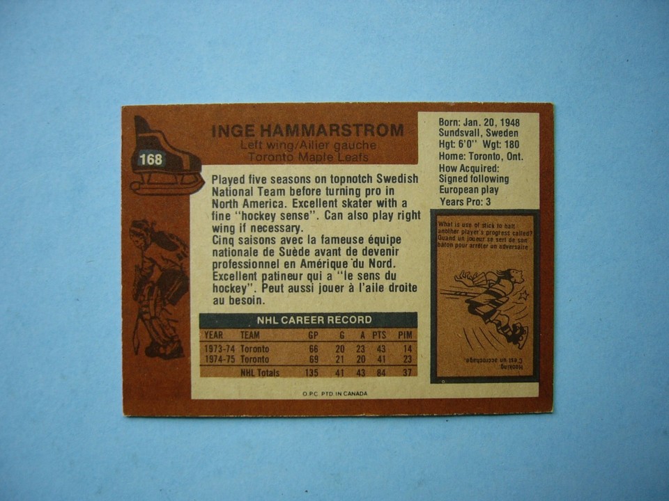 1975/76 O-PEE-CHEE NHL HOCKEY CARD #168 INGE HAMMARSTROM EX/NM SHARP ...