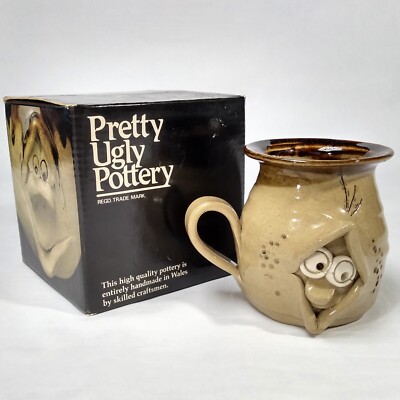 Pretty Ugly Pottery Mug Cup Funny Face Handmade in Wales Glossy Tan ...