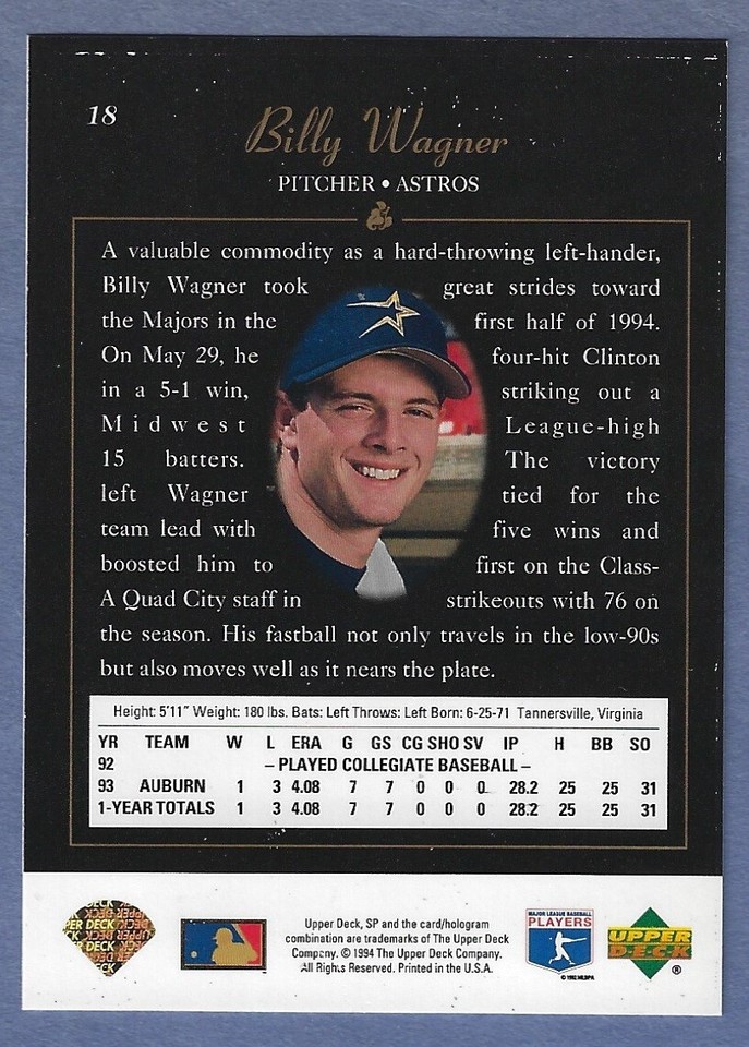 1994 Upper Deck SP #18 Billy Wagner Rookie Card Astros HOF | eBay