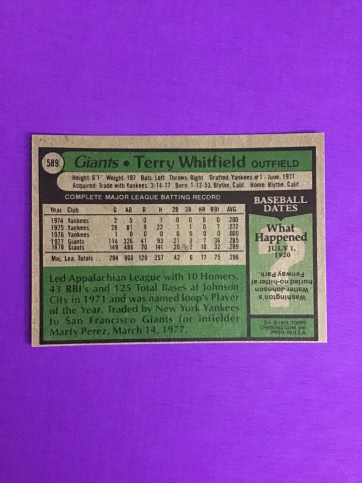 1979 TOPPS BASEBALL SET BREAK CARD # 589 Terry Whitfield NM/MT | eBay
