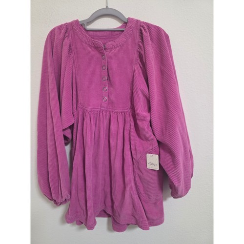 Free People Violet Corduroy Button Up Puff Sleeve Babydoll Tunic Top XS ...