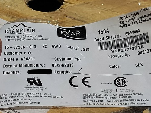 Champlain Cable Exar 150A #22awg Tinned Cu Hook Up Wire UL-3266 XLPE ...