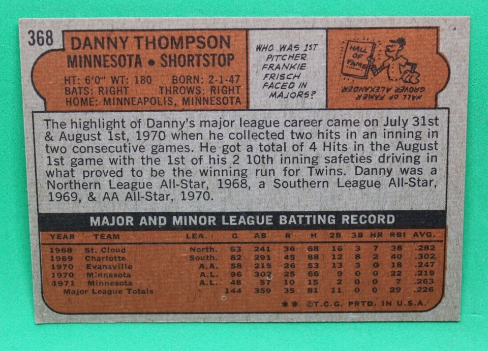 1972 Topps #368 Danny Thompson Minnesota Twins | eBay