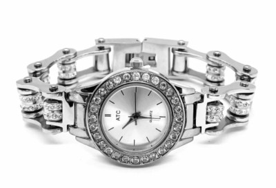 Motorcycle Bike Chain Watch Bling Bezel Ladies Stainless Steel Double ...