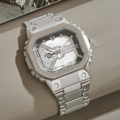 Men's Futuristic Style Watch Stainless Steel Strap Silver & Black ...