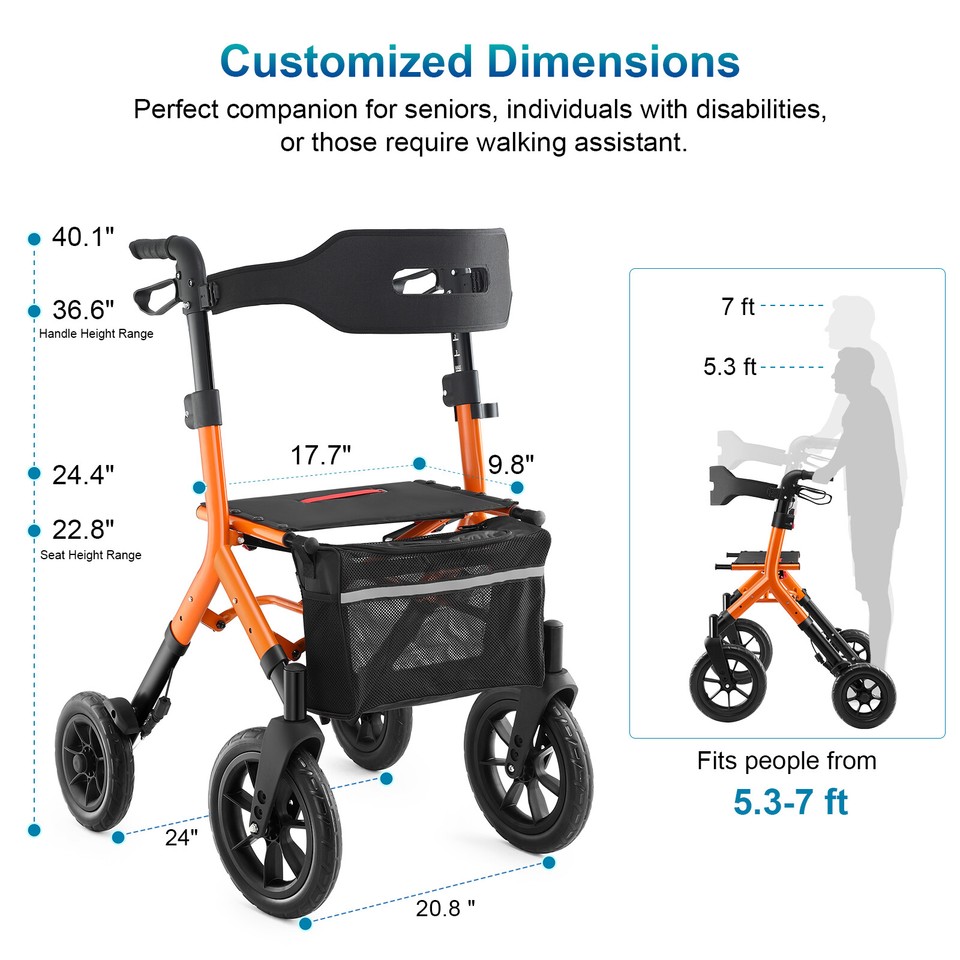 MAXWALK Rollator Walker 12in Rubber Wheels W/ Folding Mesh Backrest ...