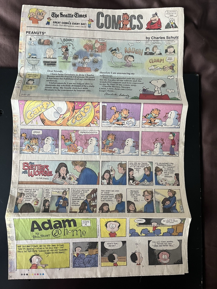 LAST PEANUTS SUNDAY STRIP 2/13/2000 CHARLES SCHULZ SEATTLE TIMES COMIC ...