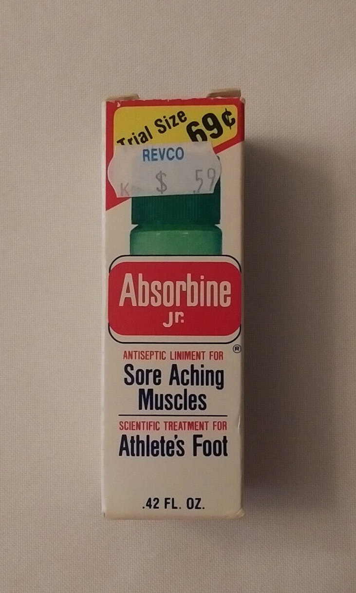 VTG 70s .42 FL. OZ. GLASS BOTTLE ABSORBINE JR. HALF FULL w/PAPER INSERT ...