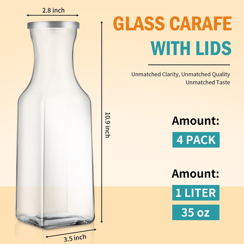 Glass Carafe with Lid, 4Pcs Square 3.35"W x 11"H, Transparent | eBay