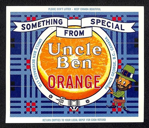 Uncle Ben "Orange" Soda Label Beverages Prince George c1960's-75 Scarce ...