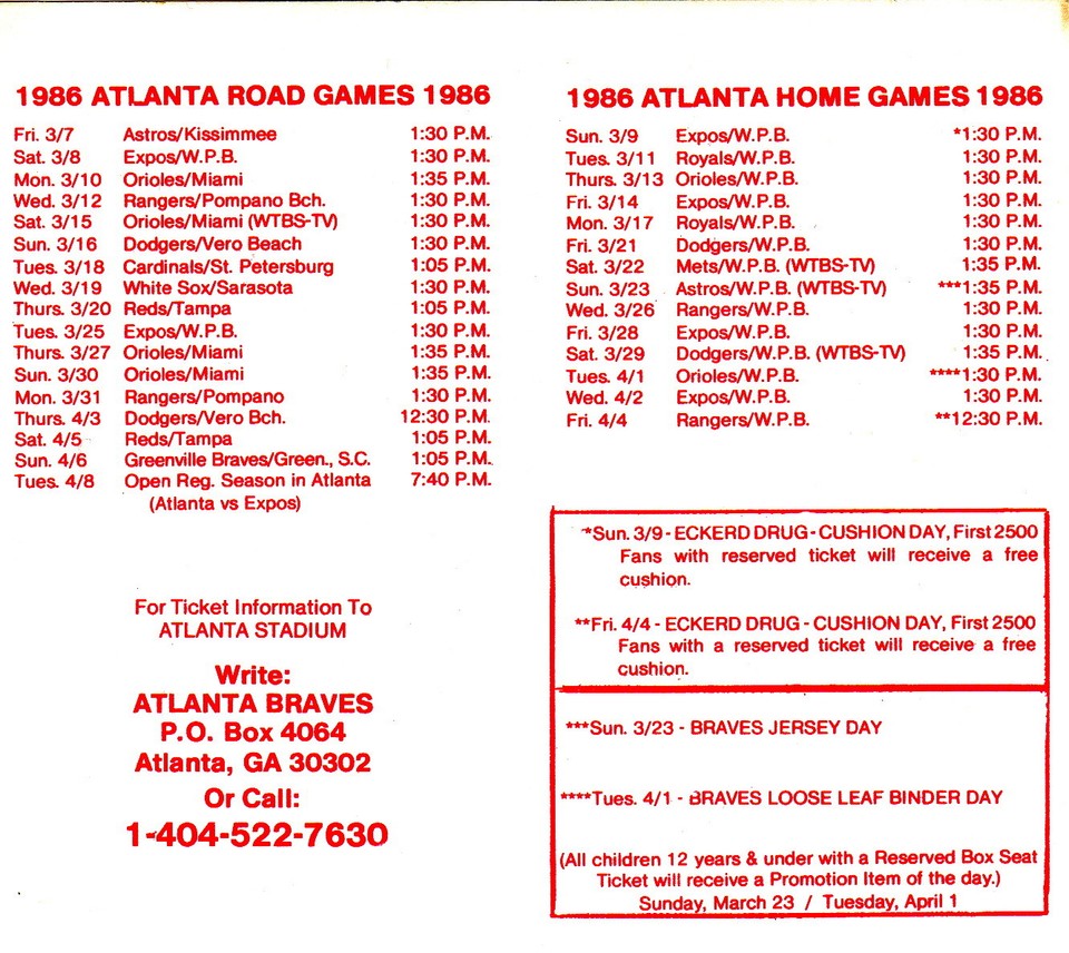 1986 ATLANTA BRAVES BASEBALL SPRING TRAINING POCKET SCHEDULE | eBay