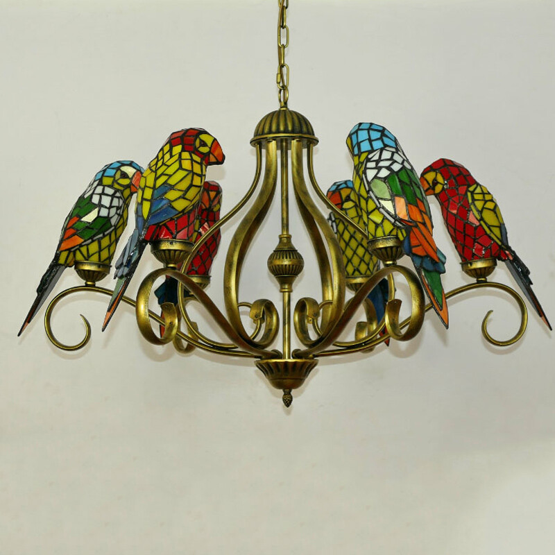 Tiffany Multicolored Parrot Chandelier Shabby Chic Style Ceiling Light ...