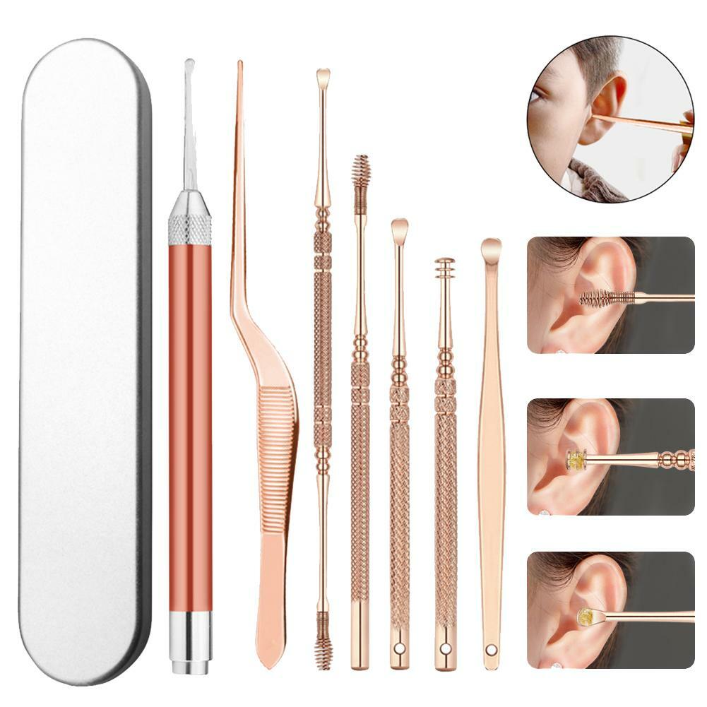 7pcs Rose Gold Stainless Steel Ear Pick LED Flashlight Ear Good Removal ...