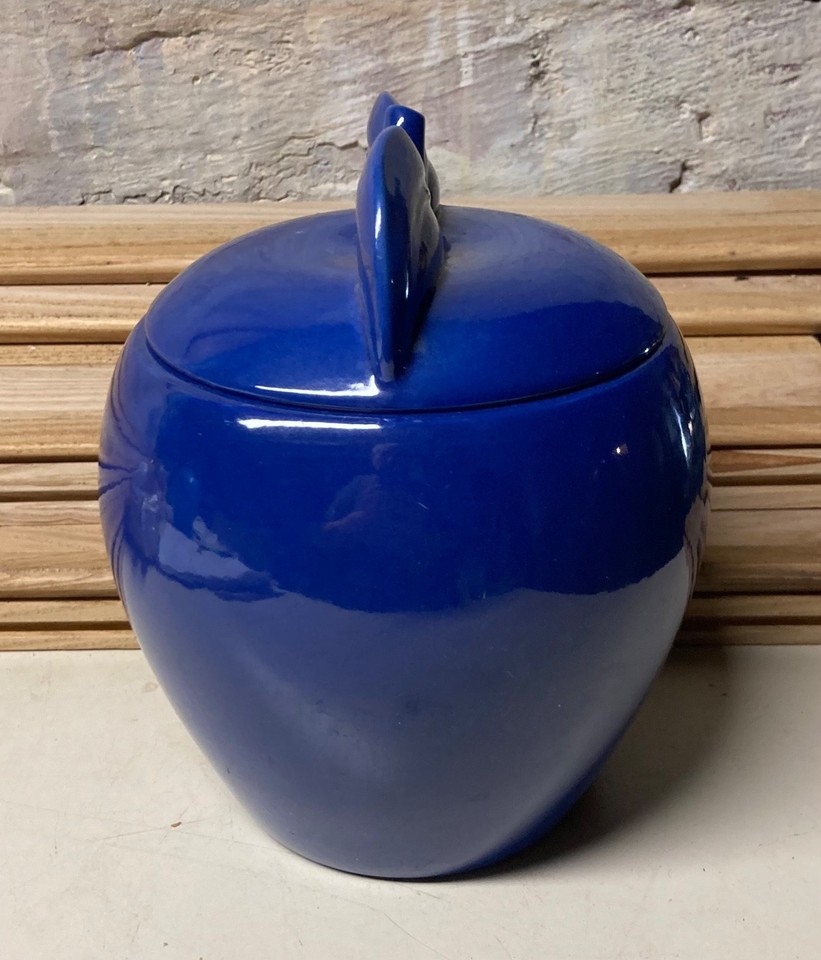 Vintage Red Wing Art Pottery Glossy Cobalt Blue APPLE Cookie Jar 8 ...