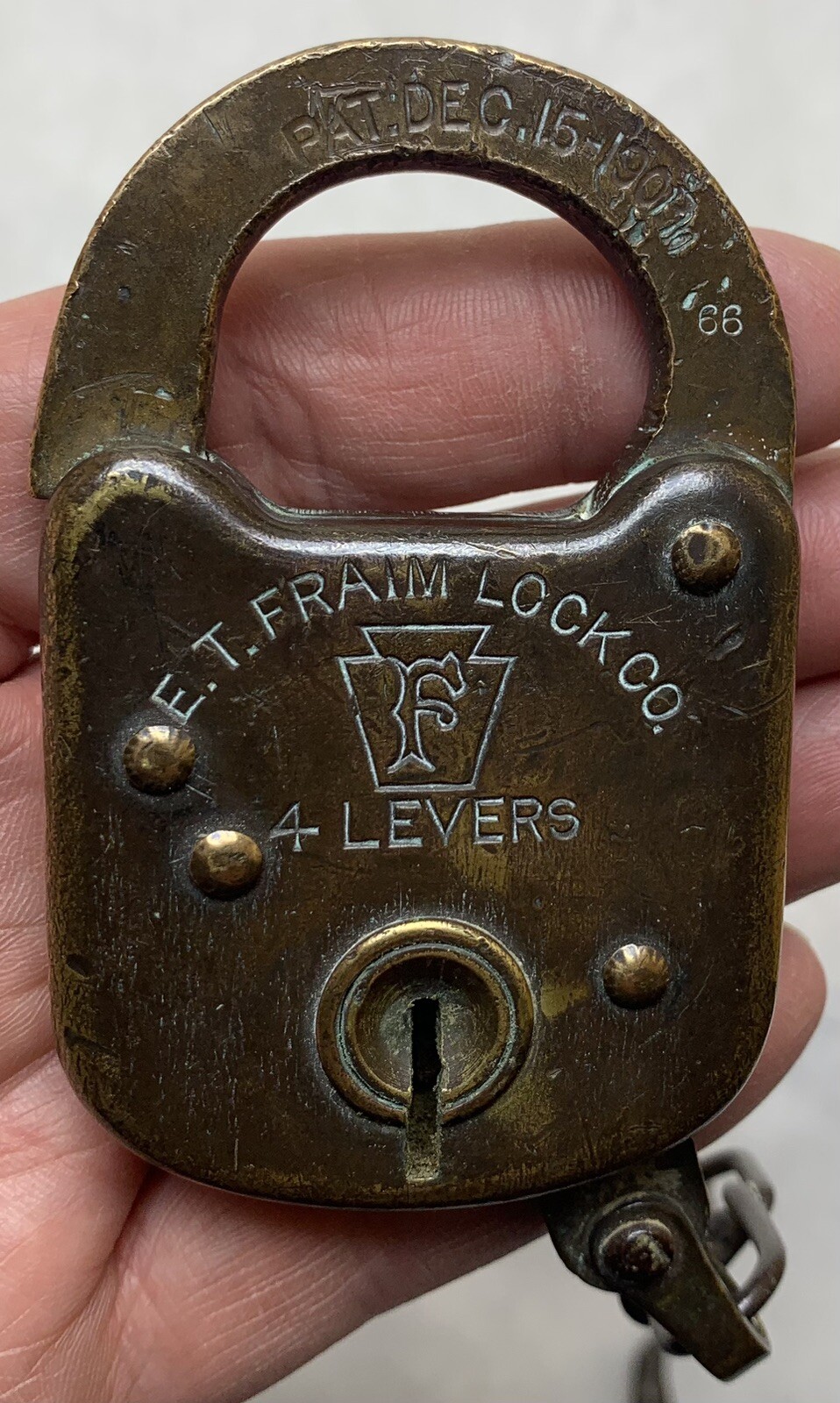 Vtg E.T. Fraim Lock Co. 4 Lever Brass Padlock Patented Dec. 15 1908 ...