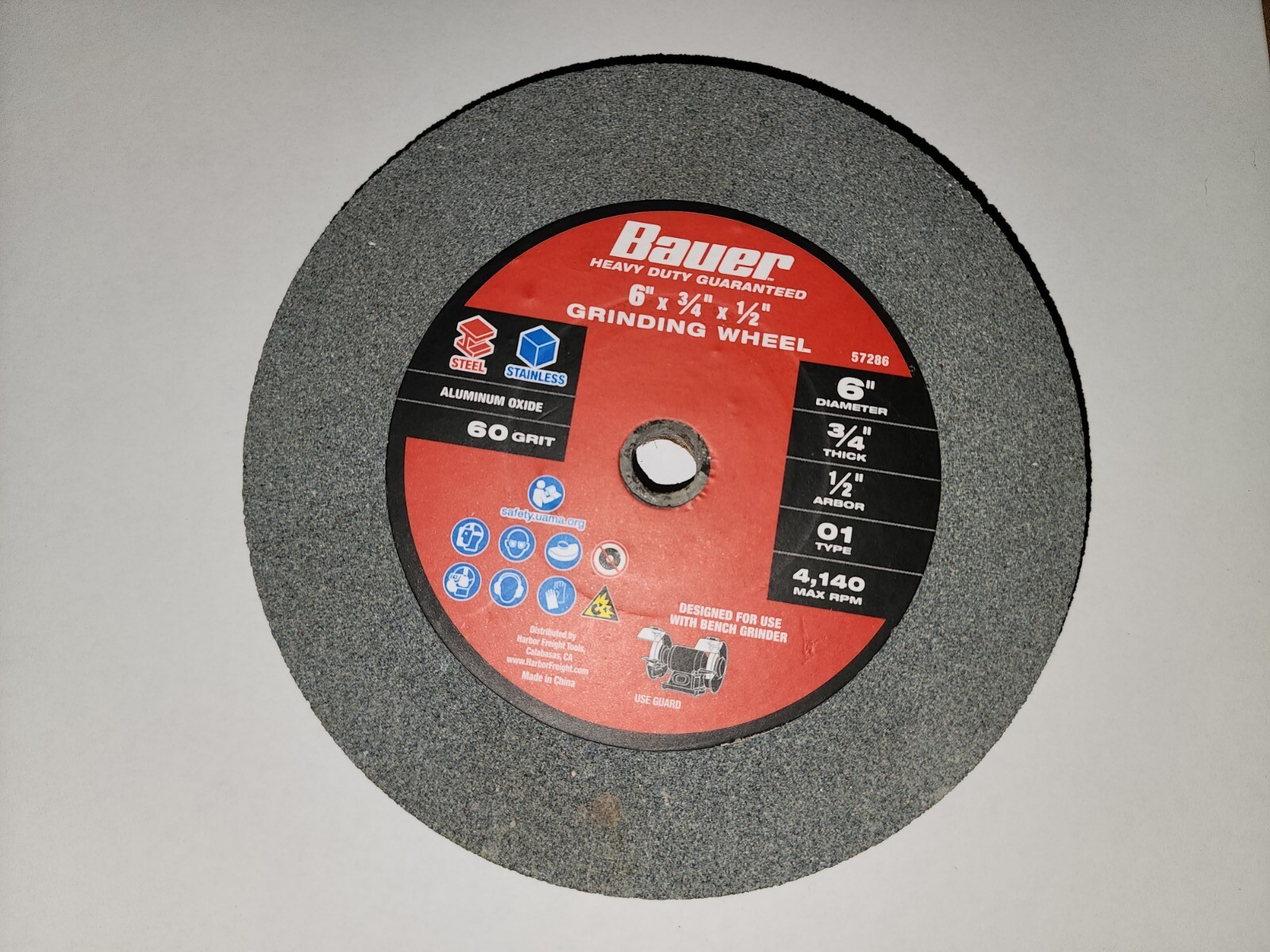 BAUER 57286 Aluminum Oxide Grinding Wheel 60 Grit 6" dia /4"Thick- 1/2 ...