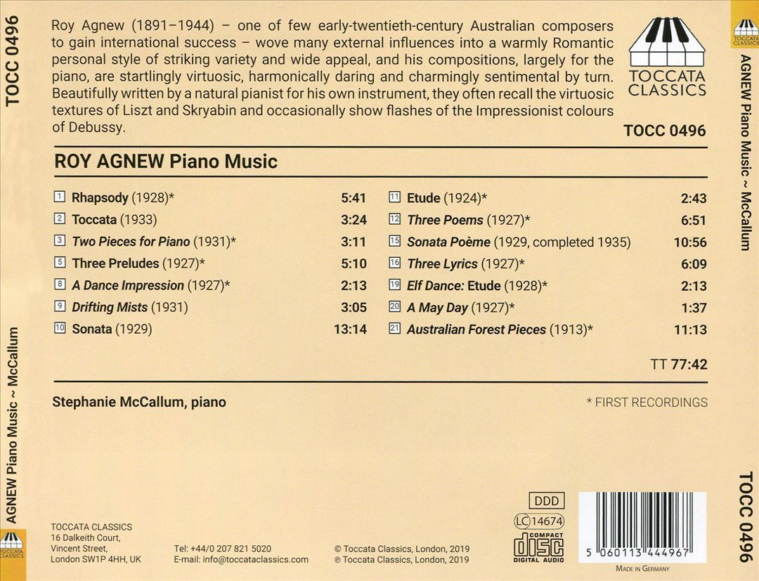 STEPHANIE MCCALLUM ROY AGNEW: PIANO MUSIC NEW CD 5060113444967| eBay