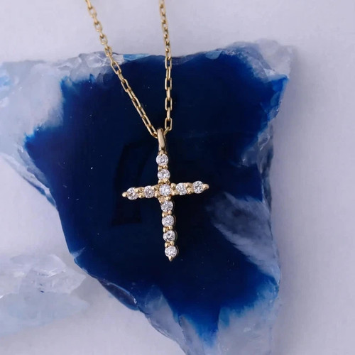 Lab Created Diamond Cross Necklace, Dainty Cross Pendant 14k Yellow ...