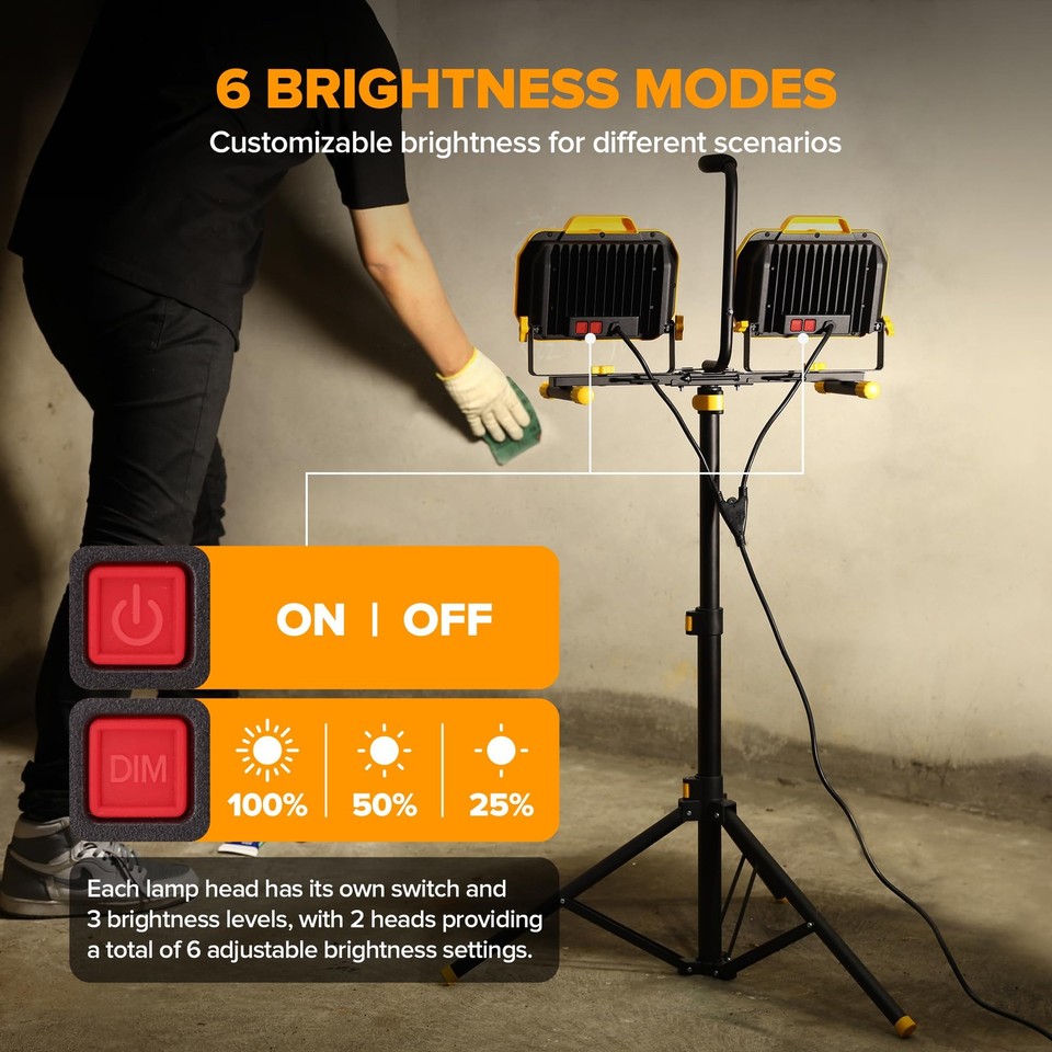 25000 Lumen LED Work Lights with Stand, Dual Head Dimmable Work Light ...