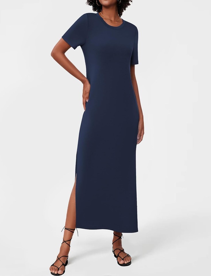 Women's T Shirt Dresses Long Sleeve Double Split Maxi Dress Plain ...