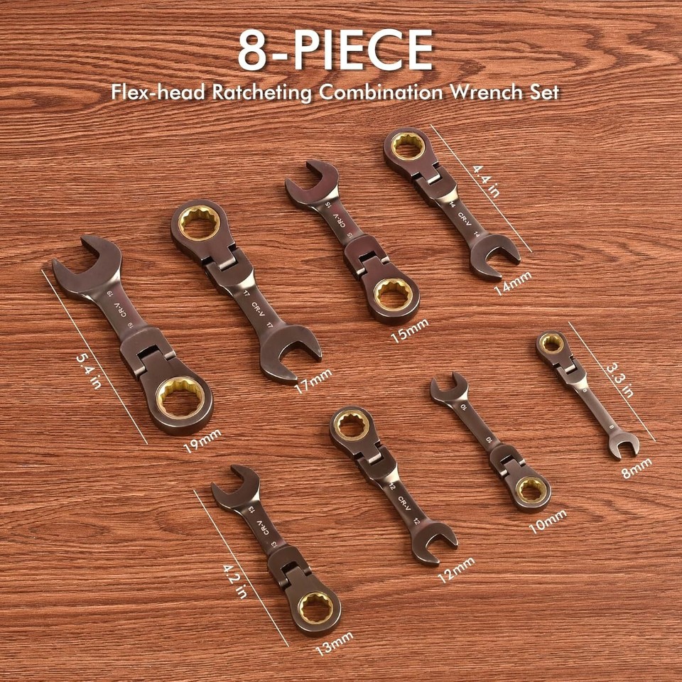 8 pieces Stubby Flex Head Ratcheting Wrench Set | Metric Open End ...