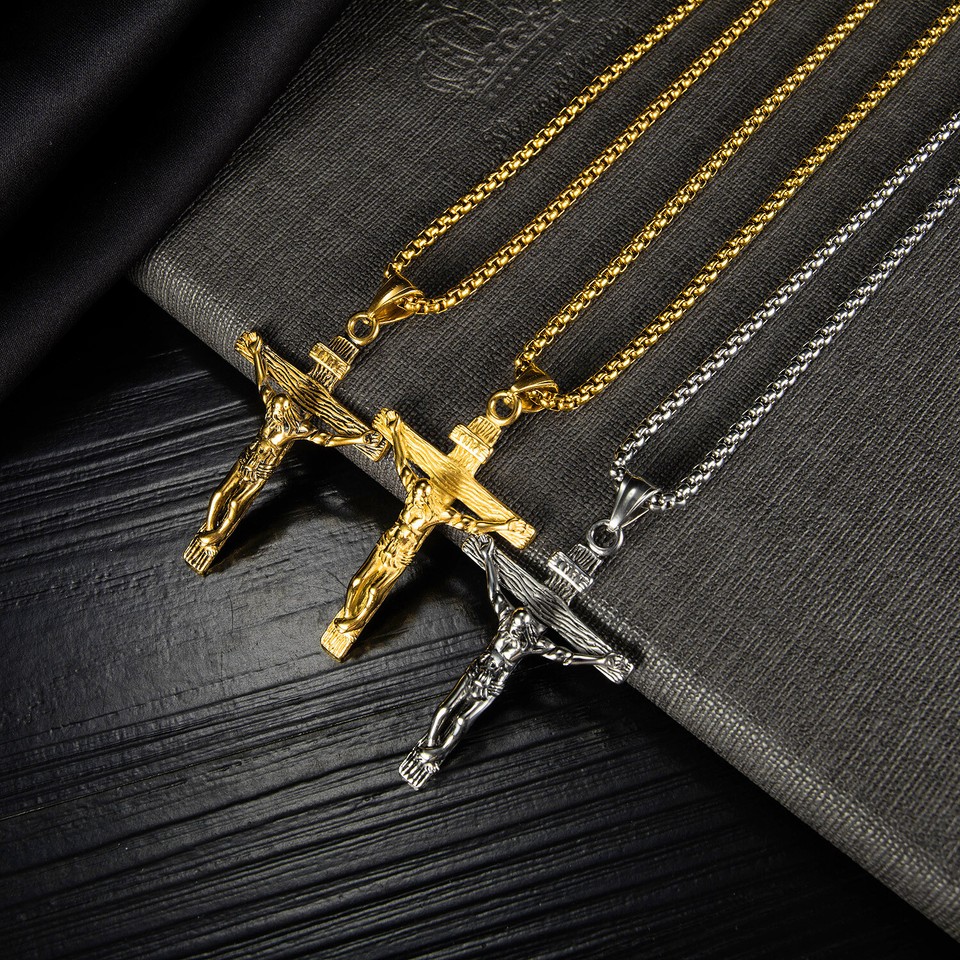 Men Stainless Steel Gold Silver Black Jesus Crucifix Pendant Chain ...