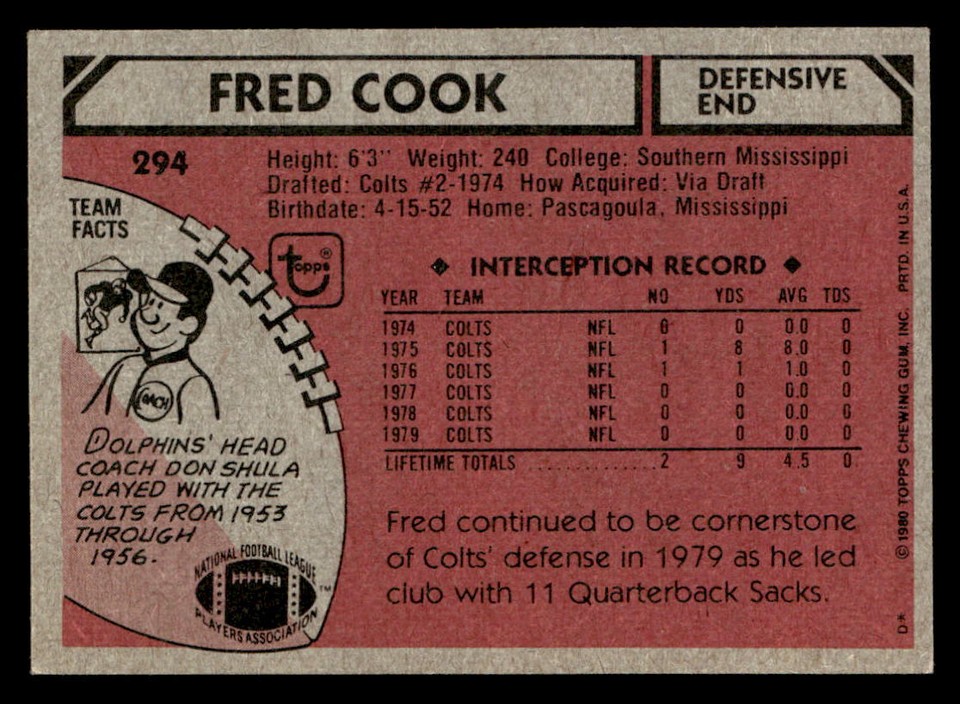 Fred Cook 1980 Topps Card #294 Baltimore Colts | eBay