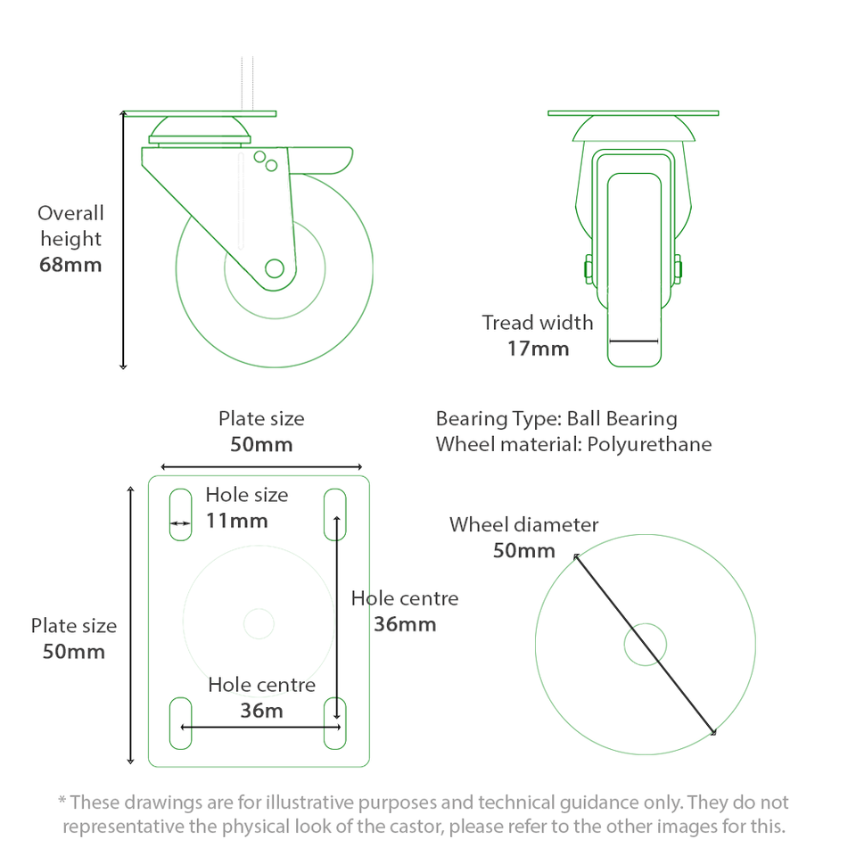 50mm castors Set heavy duty caster set braked and swivel blue Poly | eBay