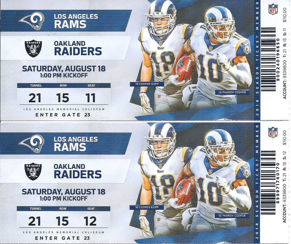 2 LOS ANGELES RAMS VS OAKLAND RAIDERS AUGUST 18, 2018 GAME TICKET STUBS ...