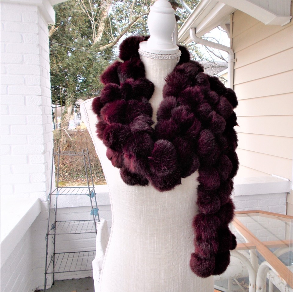 Women's Cejon Deep Dark Red Burgundy Rabbit Fur Ball Scarf 60" Long ...