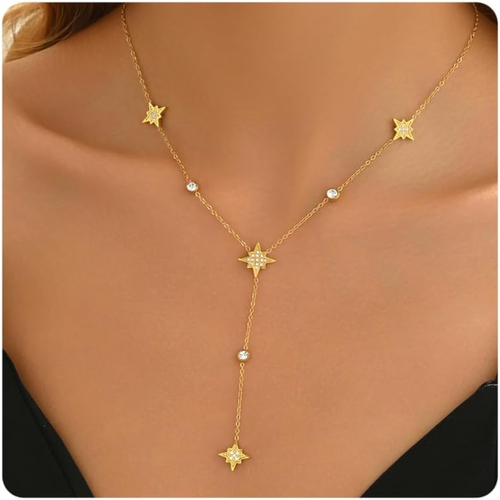 Dainty Lariat Necklace for Women 18K Gold Plated Trendy CZ Beaded Chain ...