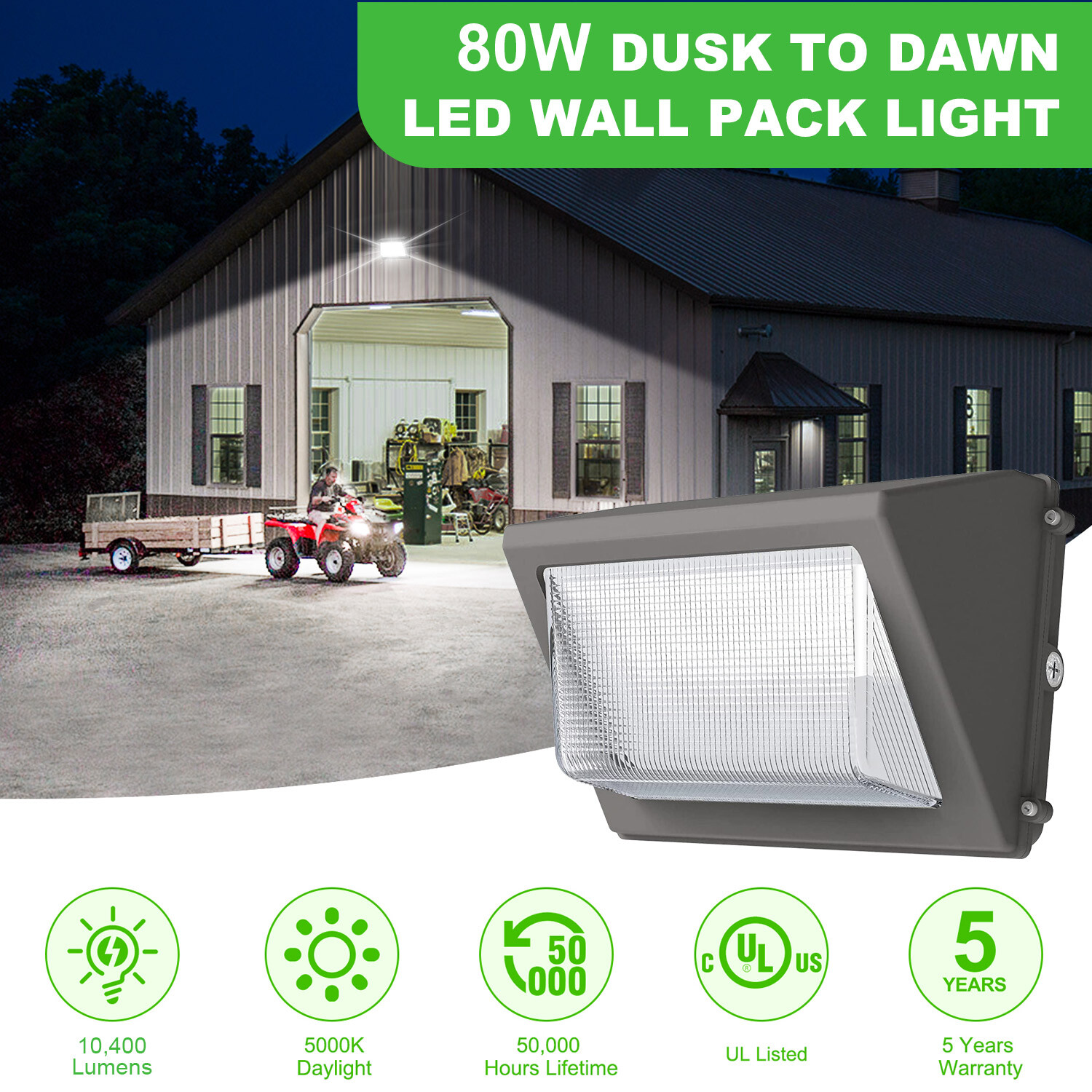 80W LED Wall Pack Light Outdoor Parking Lot Factory Garage Dusk To Dawn ...