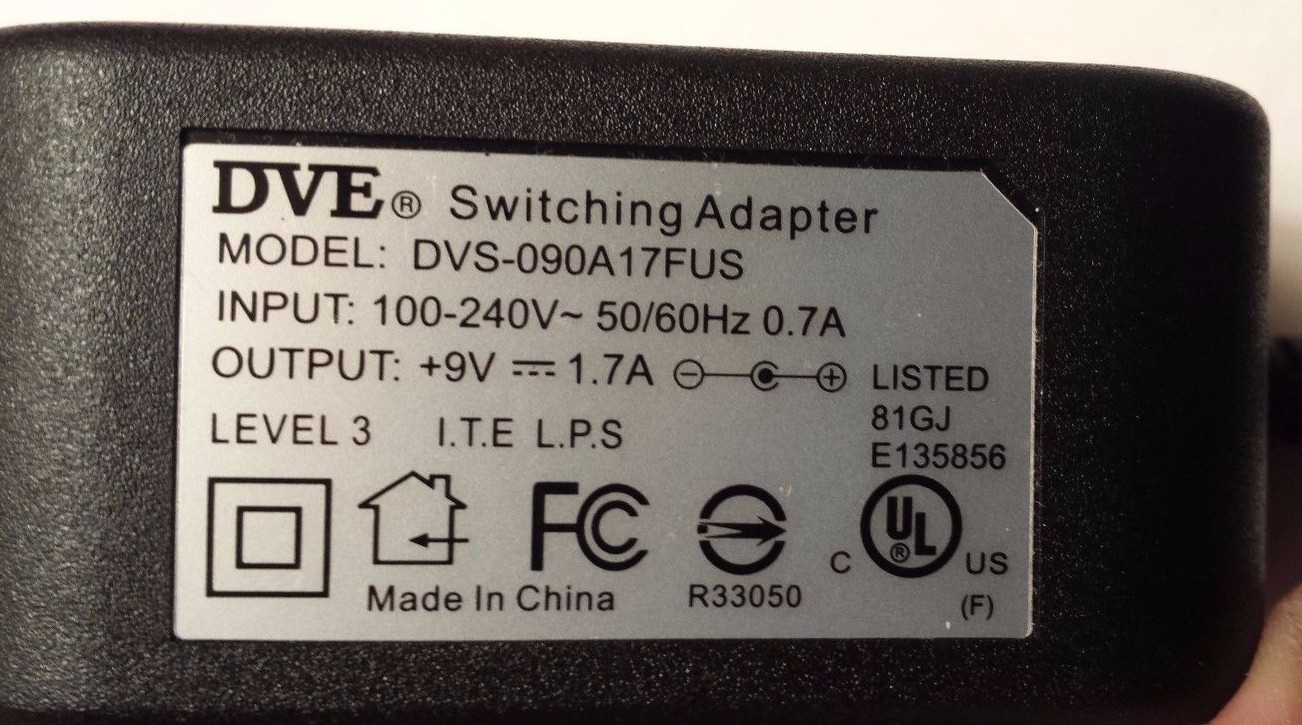 DVE DVS-090A17FUS AC Power Adapter 9VDC 1.7A Supply Switching Charger ...