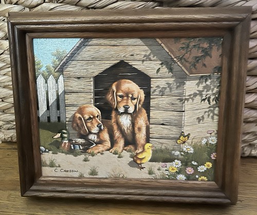 Vtg C. CARSON Framed Print On Canvas Puppies Labrador, Golden Retriever ...