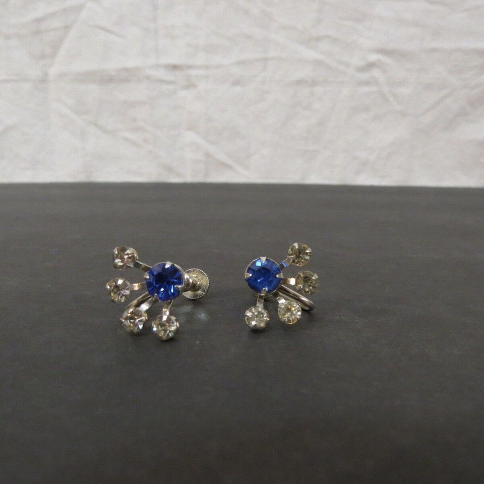 Vtg Earrings B+N Bugbee & Niles Blue White Rhinestone Silver tone Screw back | eBay