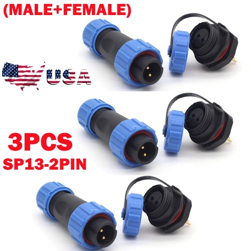 3x SP13 2 Pin Electrical Waterproof 2 Wire Connector Power Cable Plug ...
