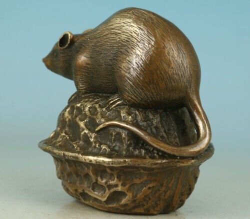 Lovely Old bronze Hand Carved Mouse walnut Eat enough Collect Statue ...