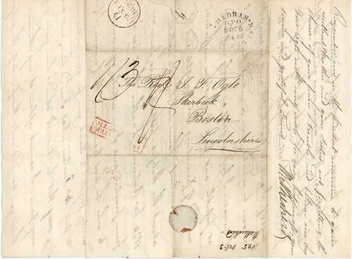 P44/15 INDIA 1825 TO UK RED “INDIA LETTER PORTSMOUTH” COVER INTERESTING ...