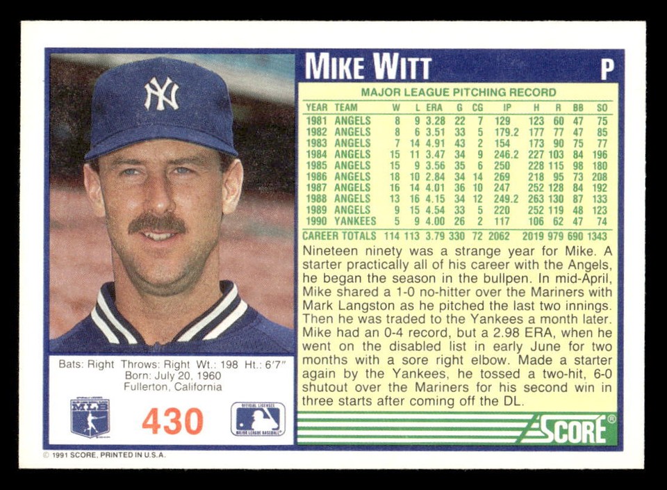 Mike Witt 1991 Score #430 New York Yankees | eBay