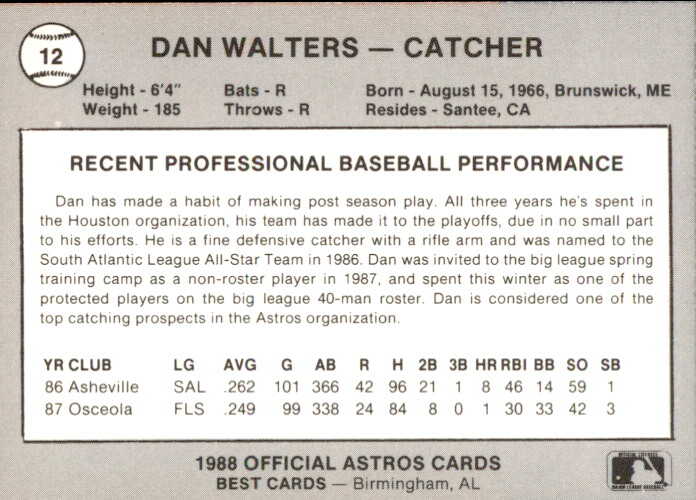 1988 Columbus Astros Best #12 Dan Walters Santee California CA Baseball ...