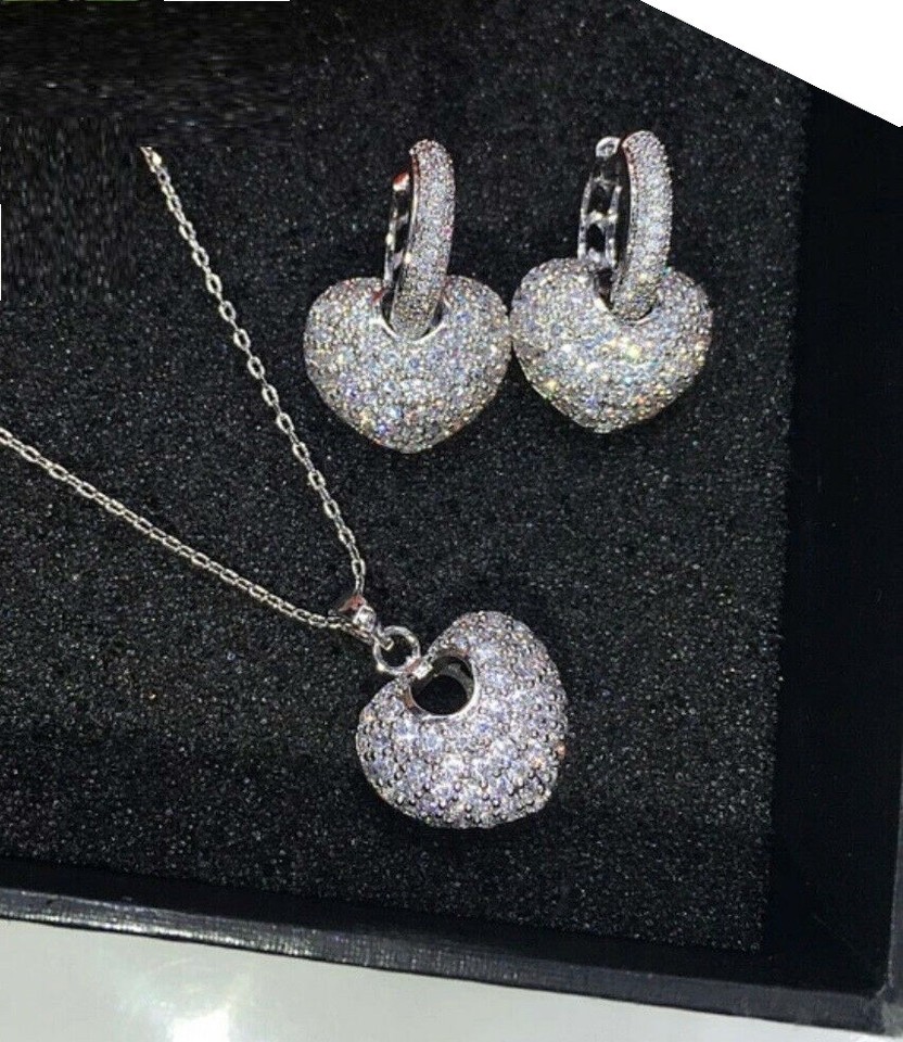 14k Platinum Plated Heart Pendant Necklace Earrings w Swarovski Crystal ...