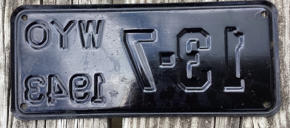1943 WYOMING MOTORCYCLE LICENSE PLATE 13-7 LOW NUMBER ORIGINAL ...