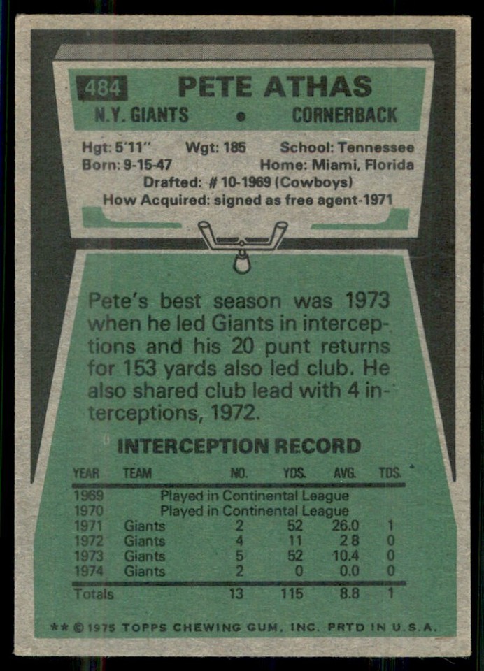1975 Topps Pete Athas New York Giants #484 | eBay
