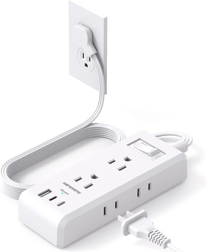Flat Plug Power Strip, Ultra Thin Extension Cord, 6 Outlets 3 USB Ports ...