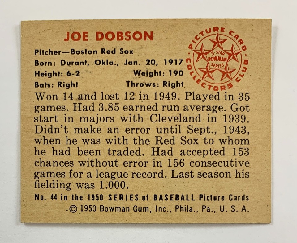 1950 Bowman Baseball #44 Joe Dobson (Red Sox) BB27 | eBay