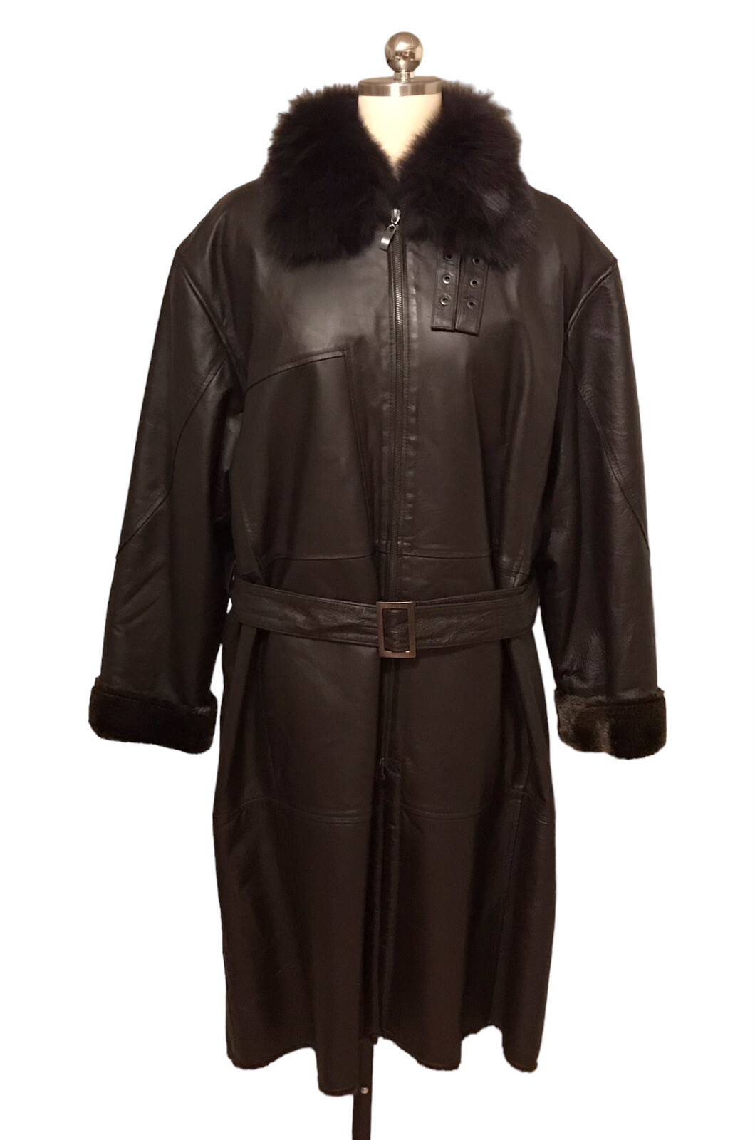 Charles Klein Brown Leather Trench Coat Zip Fox Trim … - Gem