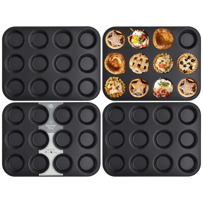SET OF 4 Baking Trays LARGE 12 CUP Non-Stick Shallow Bun Sheet Muffin ...