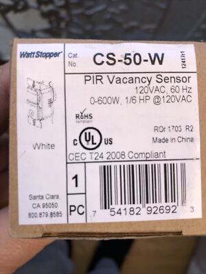 Watt Stopper CS-50-W, PIR Vacancy Sensor, 120 VAC, 0-600 Watts, 1/6 HP ...
