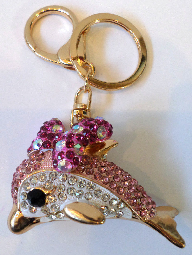 Rhinestone Bling Key Chain Fob Purse Charm Pink Dolphin | eBay