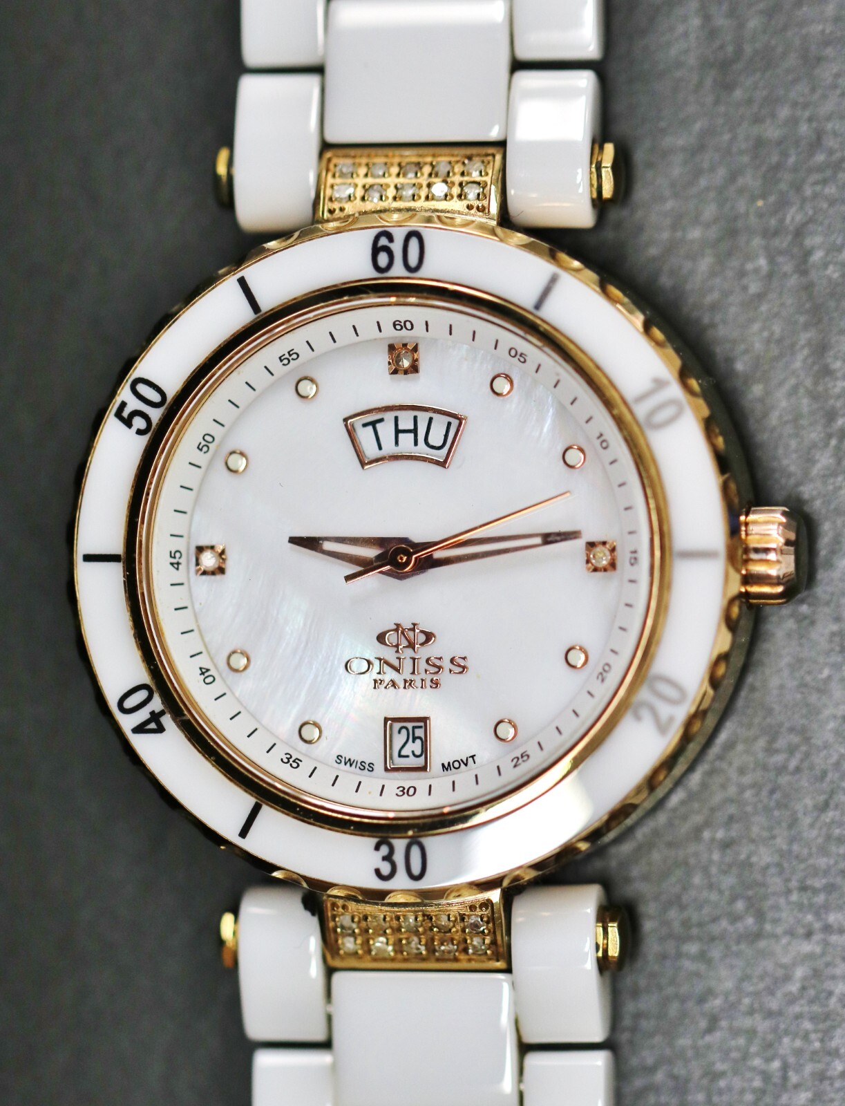 Oniss MOP Diamond Dial White Ceramic & St. Steel Day Date Watch ON642 ...